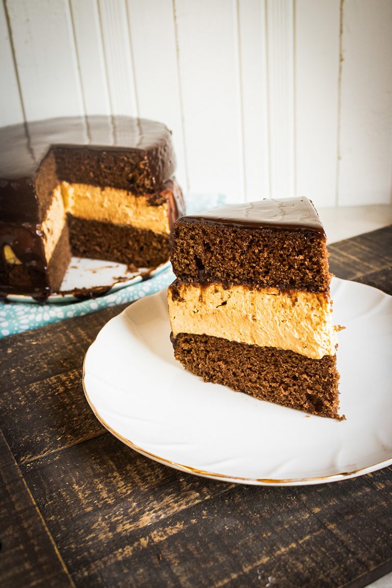 Chocolate Layer Cake with Pumpkin Cheesecake Layer In the Center
